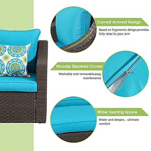 May in Color 7 Pieces Outdoor Patio Furniture Set, Wicker Conversation Set with Ottomans Cushions, Sectional Lounge Chair Sofa with Coffee Table, for Porch Deck Poolside Garden Balcony Backyard, Blue