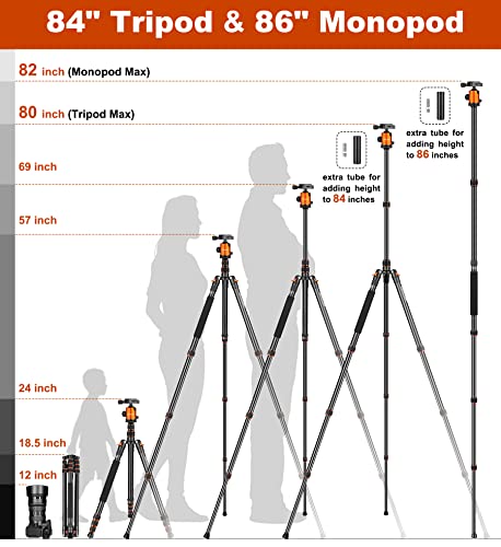 Camera Tripod, 80/84 inches Heavy Duty Tripod for Camera and Phone, 82" Camera Monopod Tripod, DSLR Binoculars Spotting Scope Camcorders Video Tripod Stand, 360 Degree Ball Head, 35 lbs Loads
