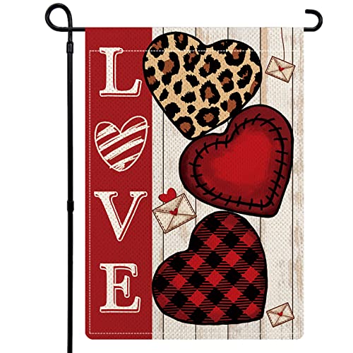 YOVOYOA Happy Valentines Day Garden Flag, 12.5 x 18" Vertical Double Sided Heart Anniversary Wedding Burlap Flag, Rustic Love Leopard Print Buffalo Check Plaid Flag for Yard Patio Farmhouse Decor