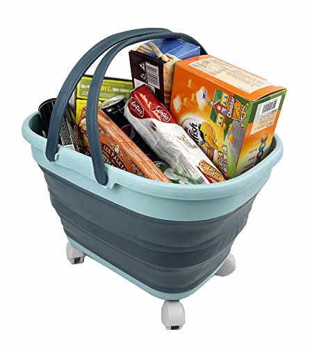 SAMMART 17L(4.5 Gallon) Collapsible Basket with Handle-Portable Outdoor Picnic Basket/Crater with 360˚ Rotating Wheels-Foldable Shopping Bag-Space Saving (Lake Blue/Leaf Blue)