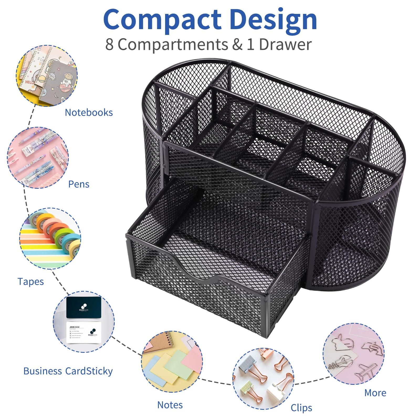 EOOUT Desk Organizers and Accessories, Pencil Holder for Desk, Mesh Office Desk Accessories with 8 Compartments and 1 Drawer Stationery Holder School Supplies