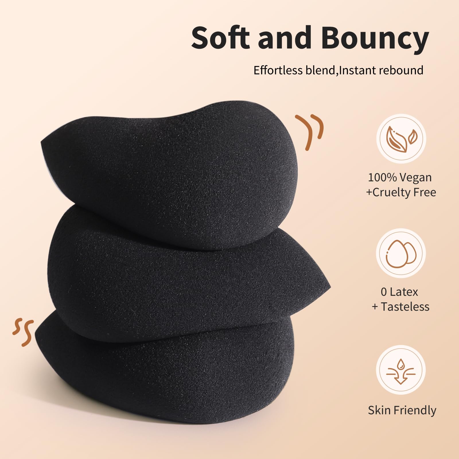 BEAKEY Makeup Sponge Set, 5 Pcs Black Foundation Blending Beauty Sponge, Flawless for Liquid, Cream, and Powder, Latex Free and Vegan Makeup Sponges