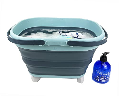 SAMMART 17L(4.5 Gallon) Collapsible Basket with Handle-Portable Outdoor Picnic Basket/Crater with 360˚ Rotating Wheels-Foldable Shopping Bag-Space Saving (Lake Blue/Leaf Blue)