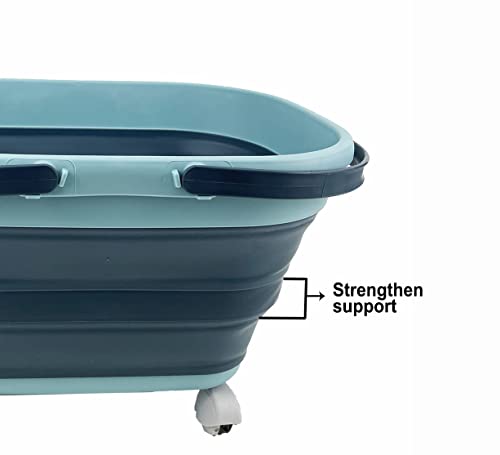 SAMMART 17L(4.5 Gallon) Collapsible Basket with Handle-Portable Outdoor Picnic Basket/Crater with 360˚ Rotating Wheels-Foldable Shopping Bag-Space Saving (Lake Blue/Leaf Blue)