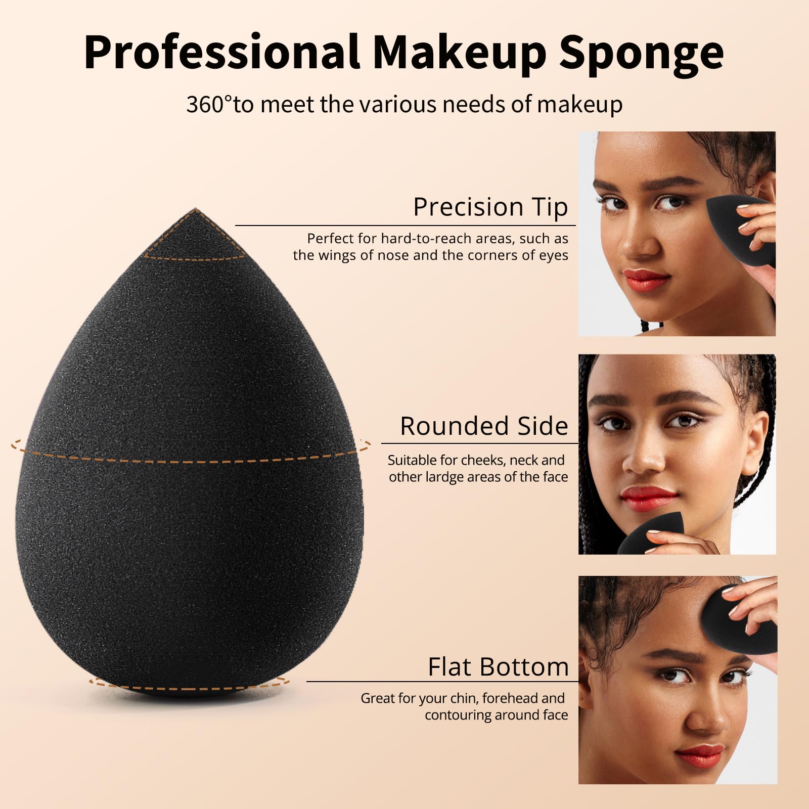 BEAKEY Makeup Sponge Set, 5 Pcs Black Foundation Blending Beauty Sponge, Flawless for Liquid, Cream, and Powder, Latex Free and Vegan Makeup Sponges