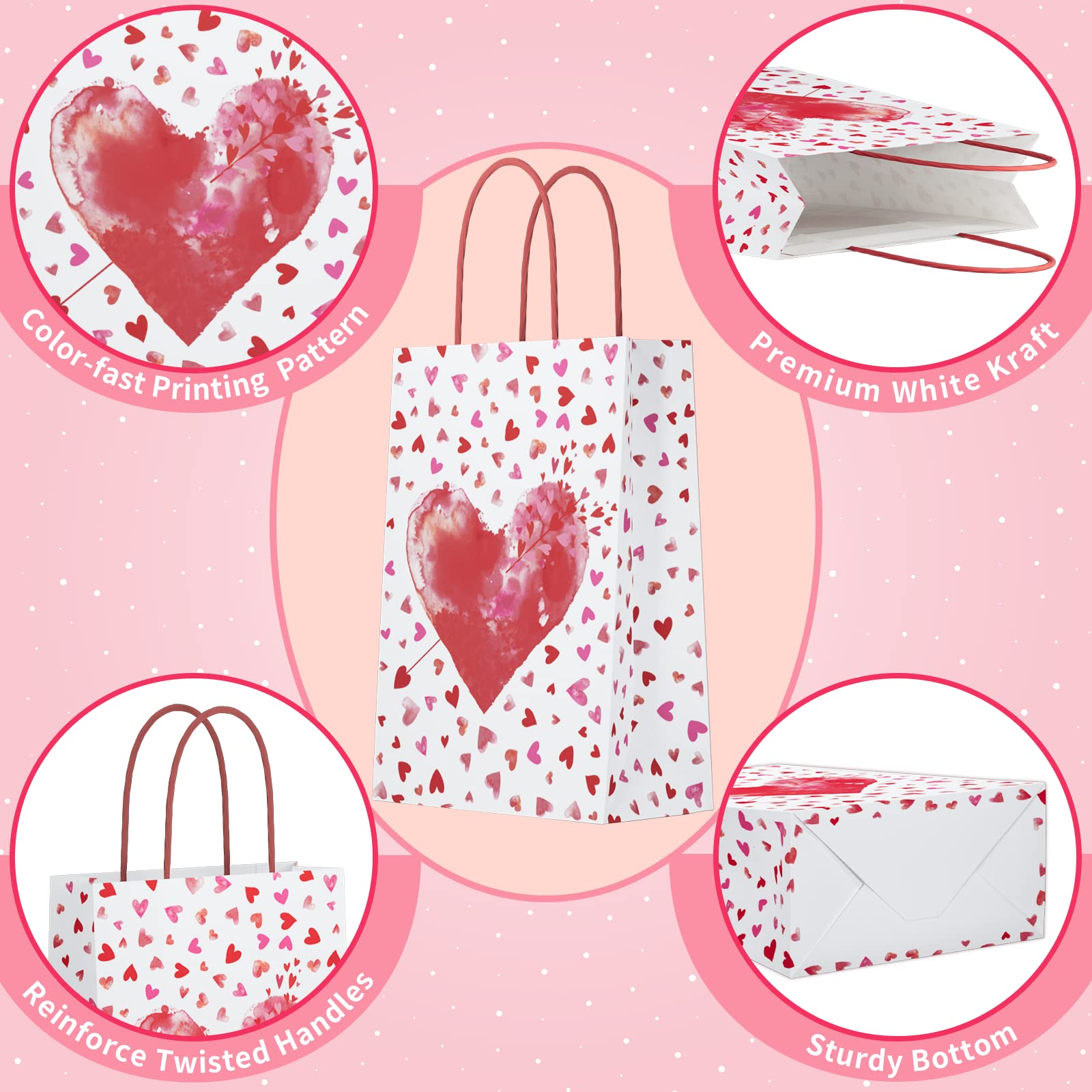ECOHOLA Cupids Bow Kraft Paper Gift Bags with handles for Valentine's Day, Weddings, School Classrooms Exchange Party Pack of 24 Pieces, 9"x6.3"x3.2"