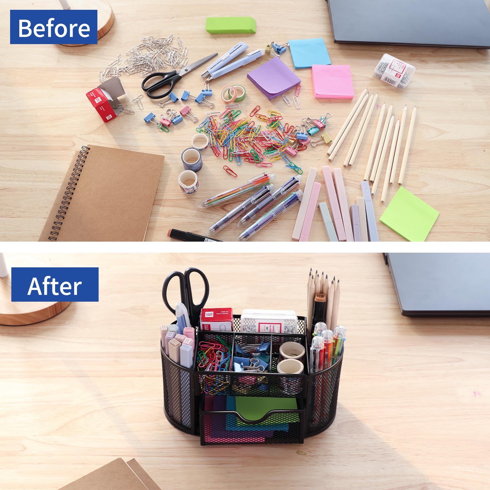 EOOUT Desk Organizers and Accessories, Pencil Holder for Desk, Mesh Office Desk Accessories with 8 Compartments and 1 Drawer Stationery Holder School Supplies