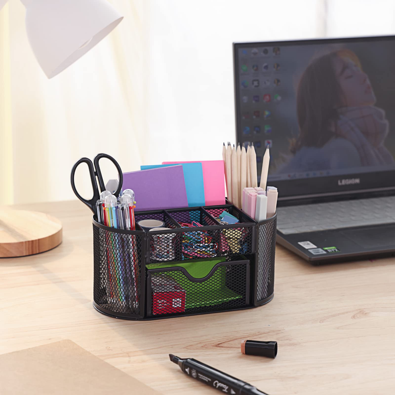EOOUT Desk Organizers and Accessories, Pencil Holder for Desk, Mesh Office Desk Accessories with 8 Compartments and 1 Drawer Stationery Holder School Supplies