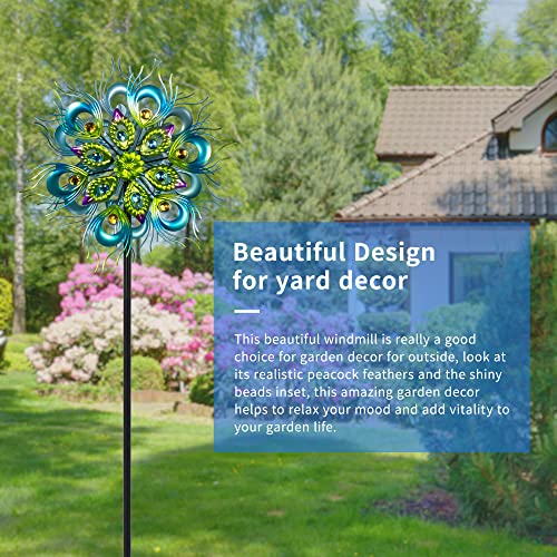 Roaming Light Peacock Wind Spinner, 48Inch Double Wind Sculpture, Kinetic Wind Spinners Outdoor Metal Stake Yard Spinners, Garden Wind Catcher Wind Mills, Wind Spinners for Yard and Garden