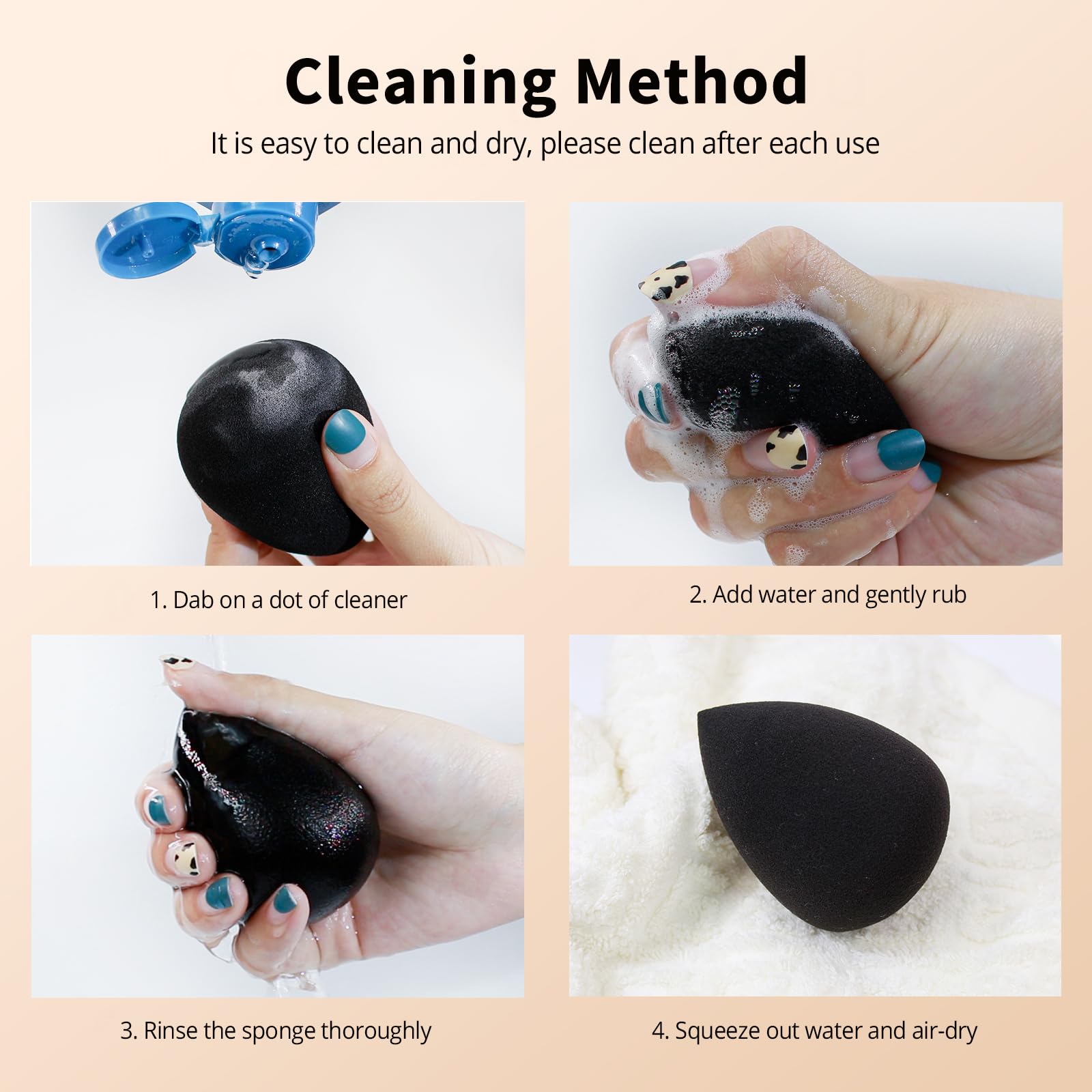 BEAKEY Makeup Sponge Set, 5 Pcs Black Foundation Blending Beauty Sponge, Flawless for Liquid, Cream, and Powder, Latex Free and Vegan Makeup Sponges
