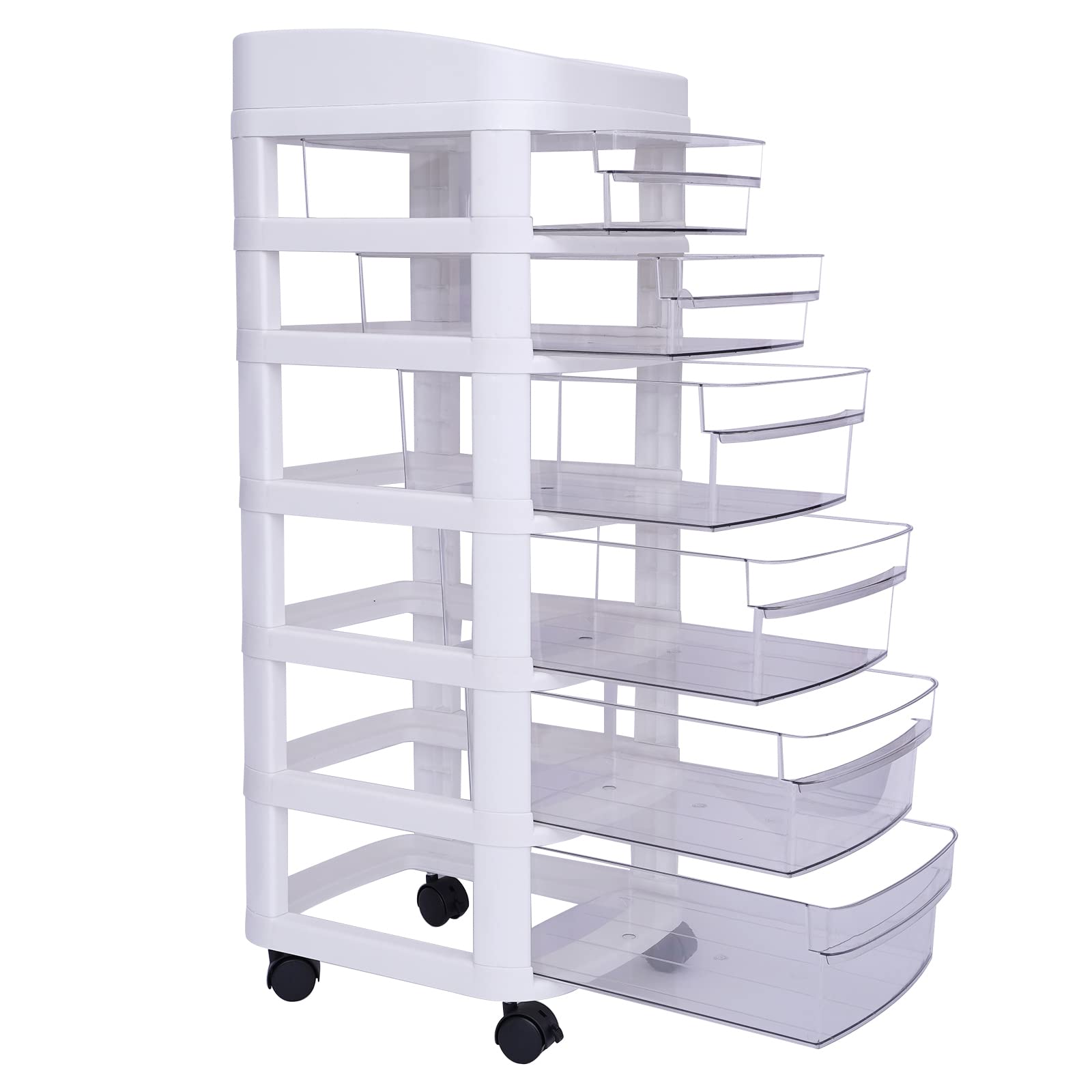 Rolling 6 Drawer Cart,34"H x 14"L x 12" W,4 Universal Wheels w/Lock,Storage Drawer Cart,Heavy Duty Dresser Storage Transparent Tower