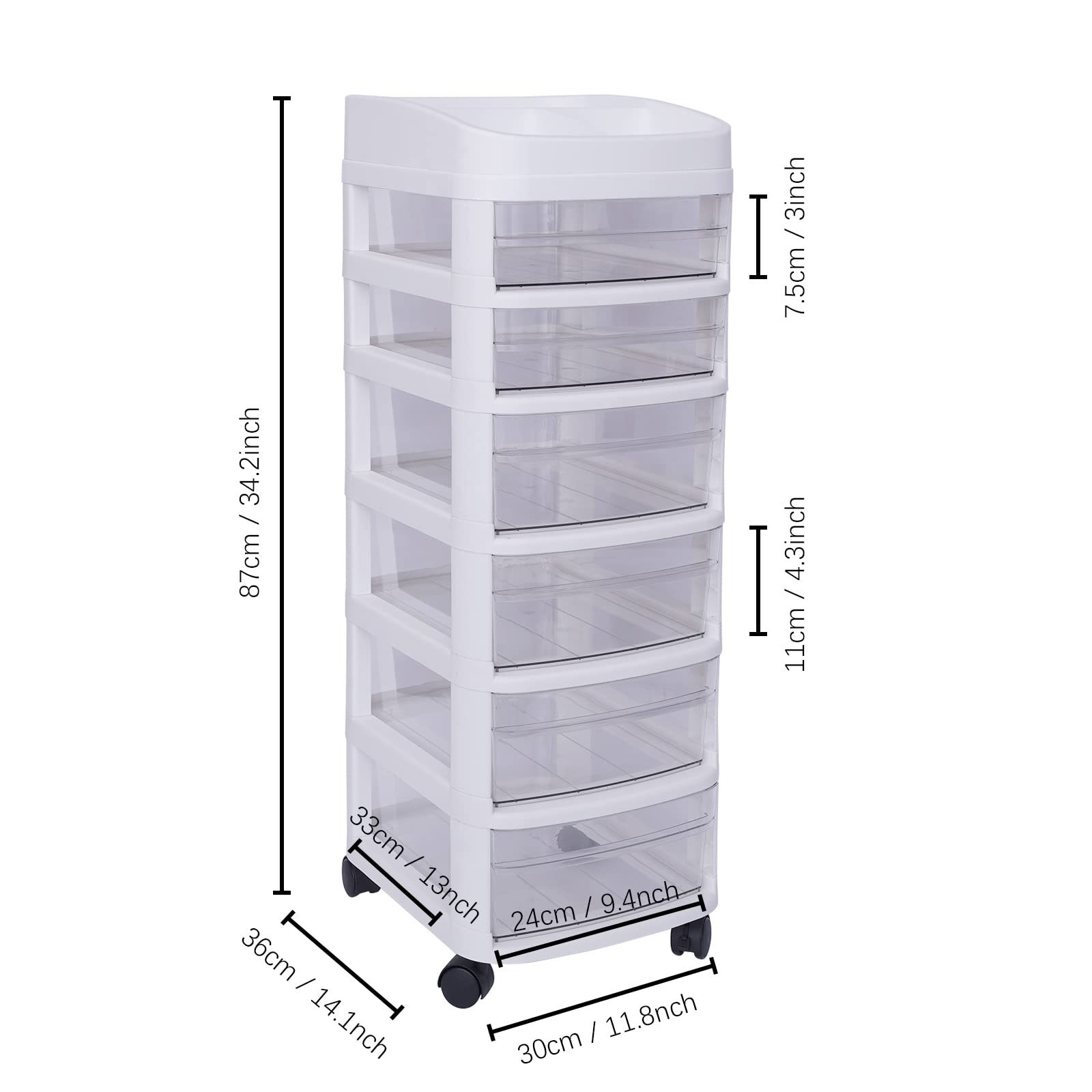 Rolling 6 Drawer Cart,34"H x 14"L x 12" W,4 Universal Wheels w/Lock,Storage Drawer Cart,Heavy Duty Dresser Storage Transparent Tower