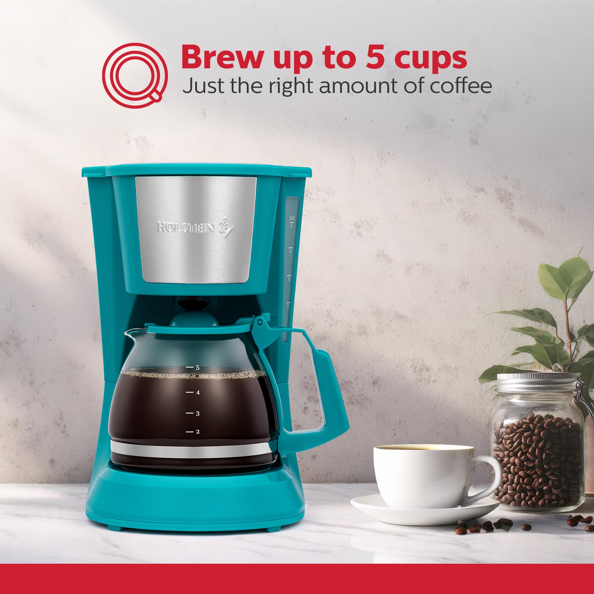 Holstein Housewares - 5-Cup Compact Coffee Maker, Teal - Convenient and User Friendly with Auto Pause and Serve Functions