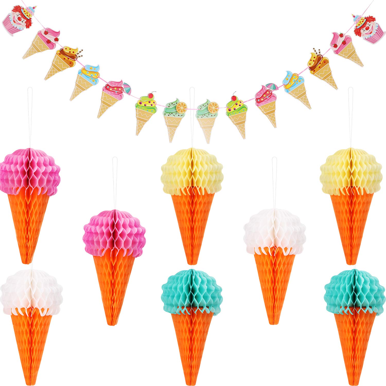 Maitys 9 Pieces Hanging Ice Cream Honeycomb Ball Tissue Paper Ice Cream Banner for Wedding Birthday Decoration