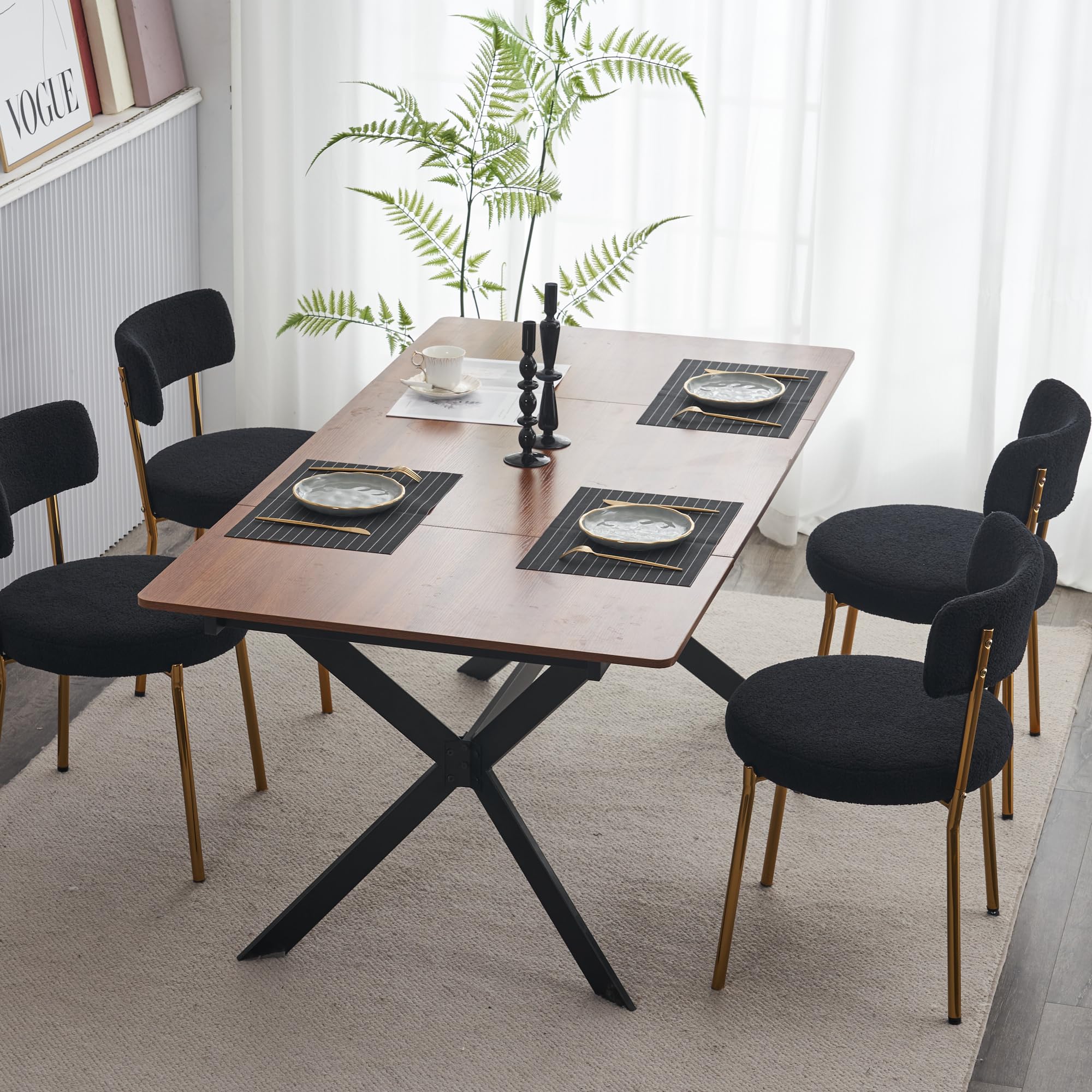RIGHTPARTS Boucle Dining Chairs Set of 4, Modern Upholstered Fleece Fabric Kitchen Chairs, Mid-Century Round Dining Chairs Curved Backrest Metal Legs for Dining Room/Living Room (Black 1, 4)