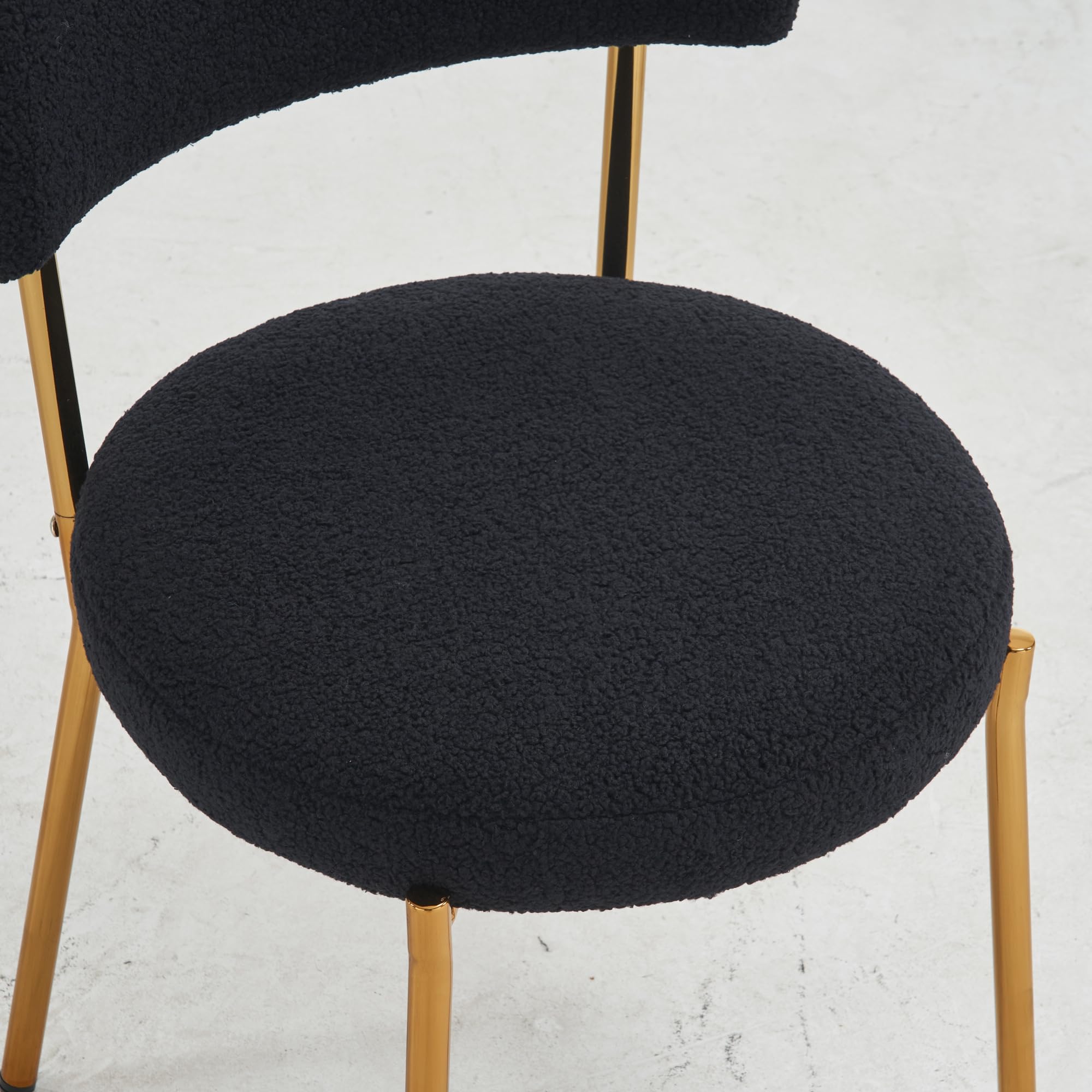 RIGHTPARTS Boucle Dining Chairs Set of 4, Modern Upholstered Fleece Fabric Kitchen Chairs, Mid-Century Round Dining Chairs Curved Backrest Metal Legs for Dining Room/Living Room (Black 1, 4)