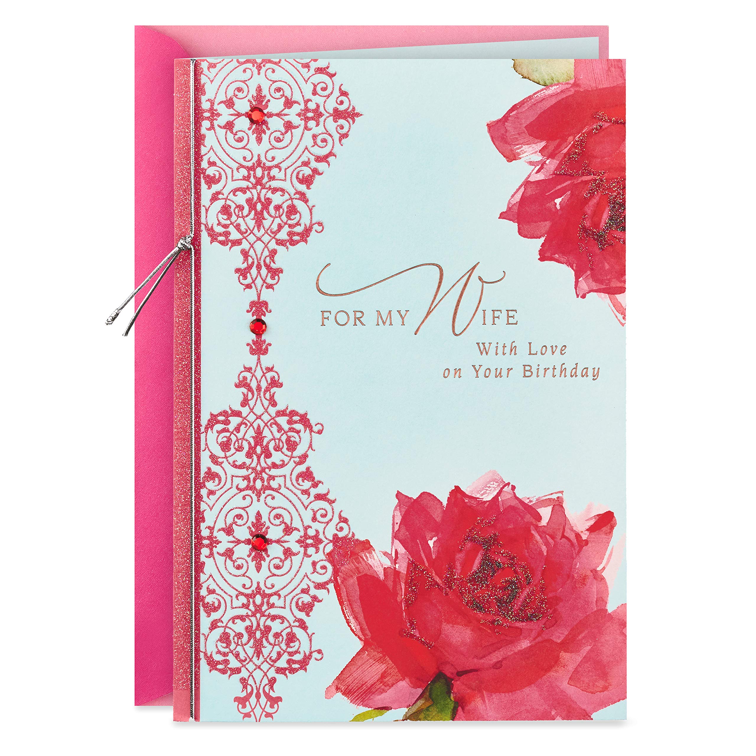 Hallmark Birthday Card for Wife (Roses with Pattern), Red, Blue
