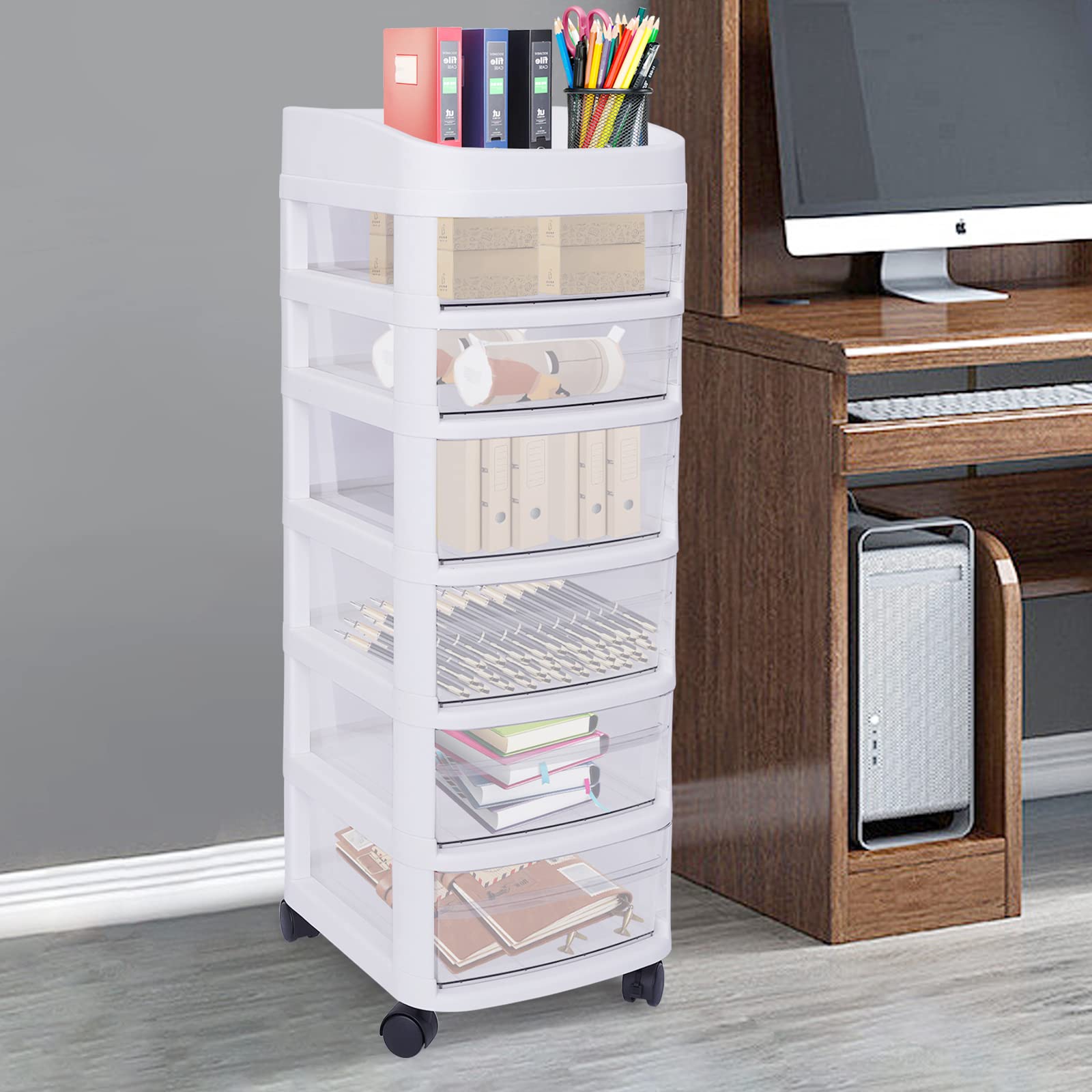 Rolling 6 Drawer Cart,34"H x 14"L x 12" W,4 Universal Wheels w/Lock,Storage Drawer Cart,Heavy Duty Dresser Storage Transparent Tower