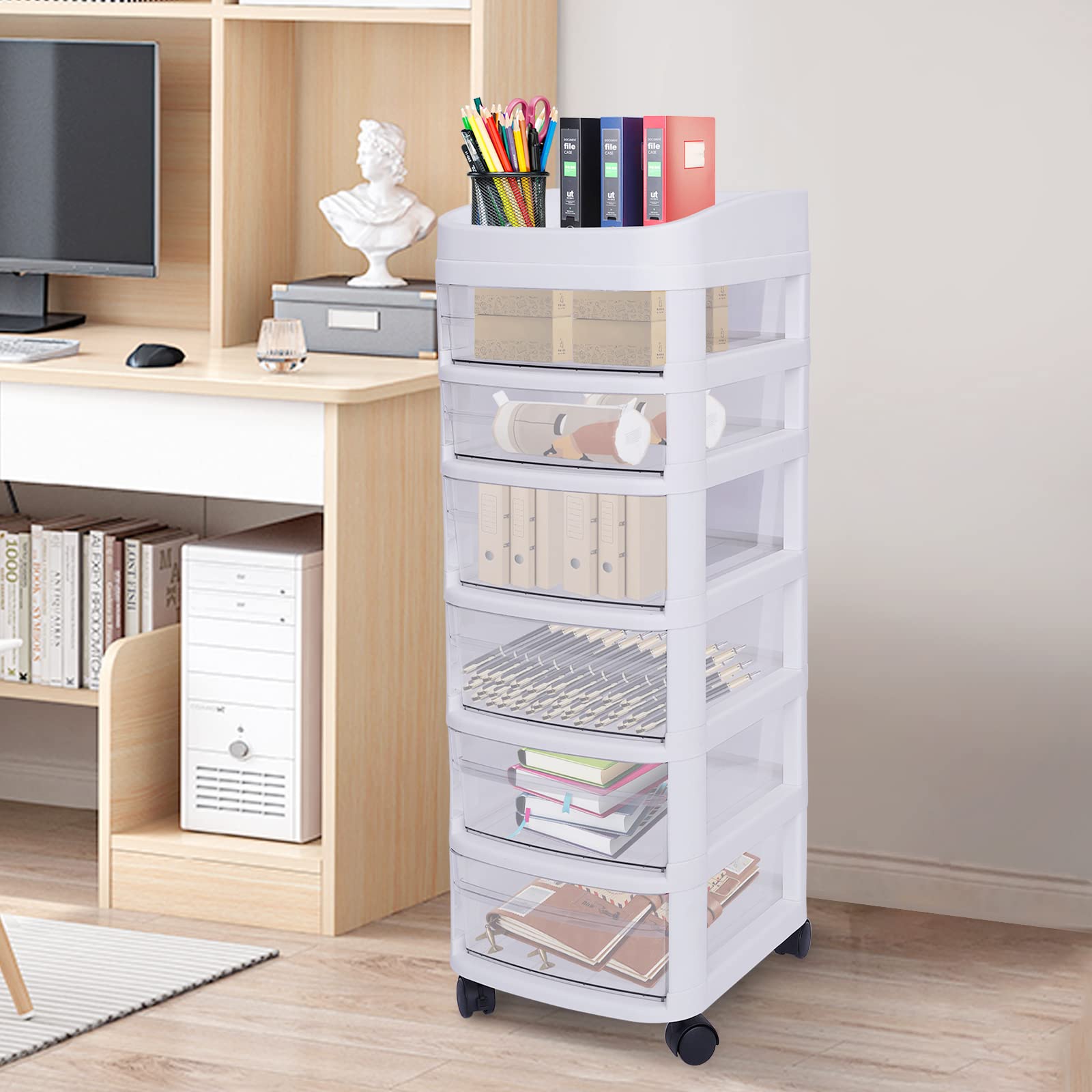 Rolling 6 Drawer Cart,34"H x 14"L x 12" W,4 Universal Wheels w/Lock,Storage Drawer Cart,Heavy Duty Dresser Storage Transparent Tower