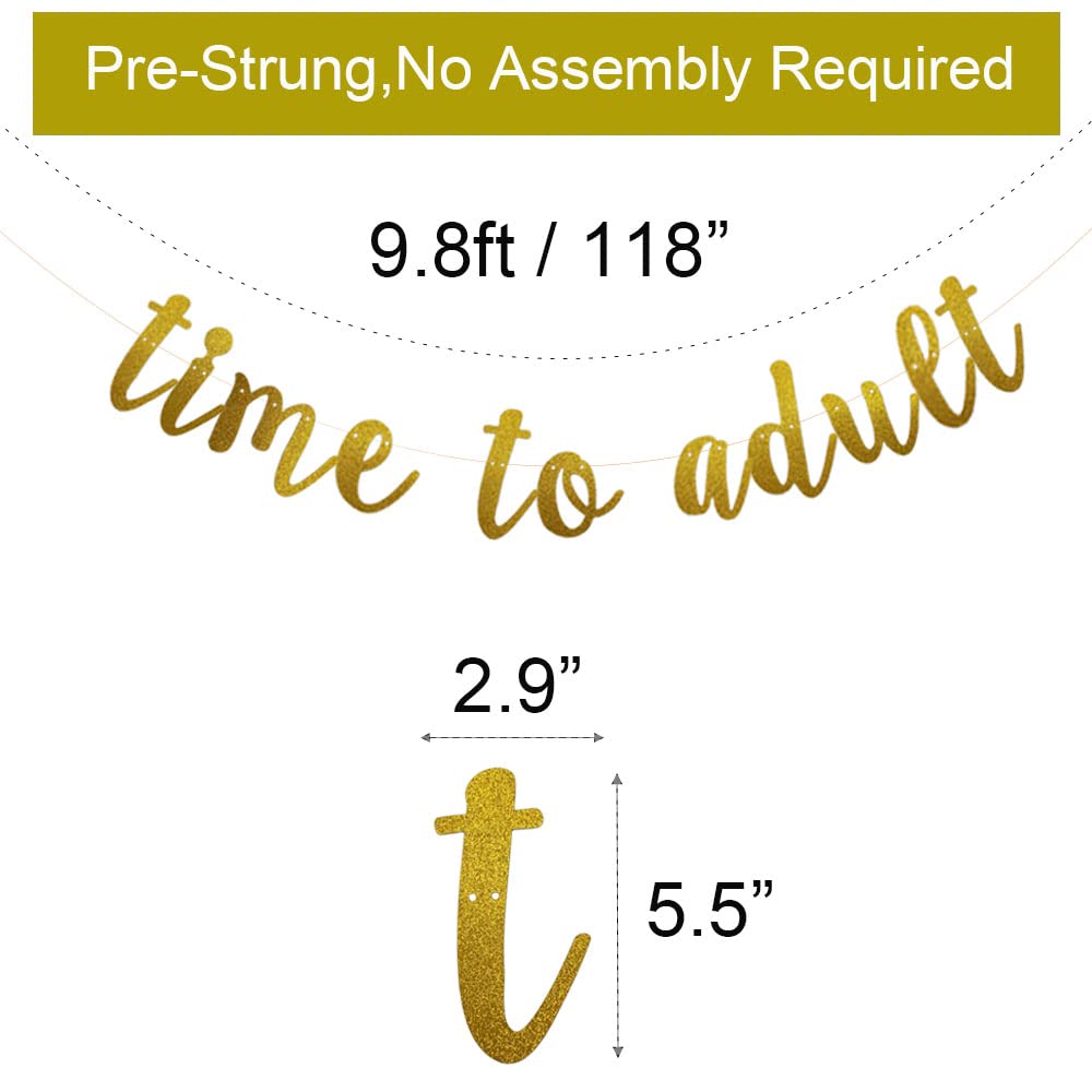 Time to Adult Banner,Pre-strung ,No Assembly Required, 18th Birthday Party Decorations Suppiles, Gold Glitter Paper Garlands Backdrops, Letters Gold Betteryanzi