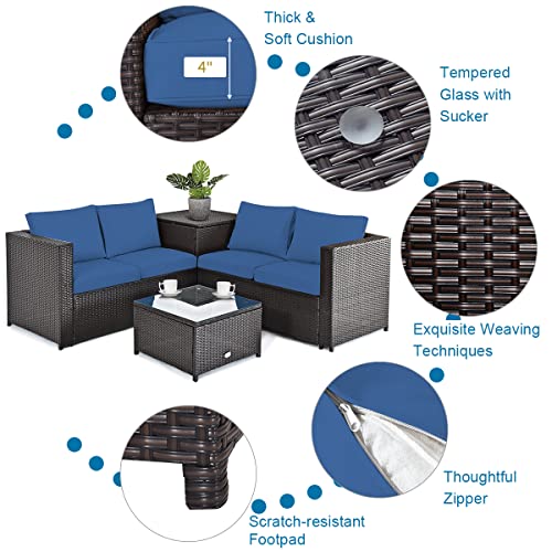 Tangkula 5-Piece Patio Furniture Set with 42 Inches Propane Fire Pit Table, Outdoor Wicker Conversation Set with Cushions, Storage Box and Coffee Table, 60,000 BTU Propane Fire Pit Table (Navy)