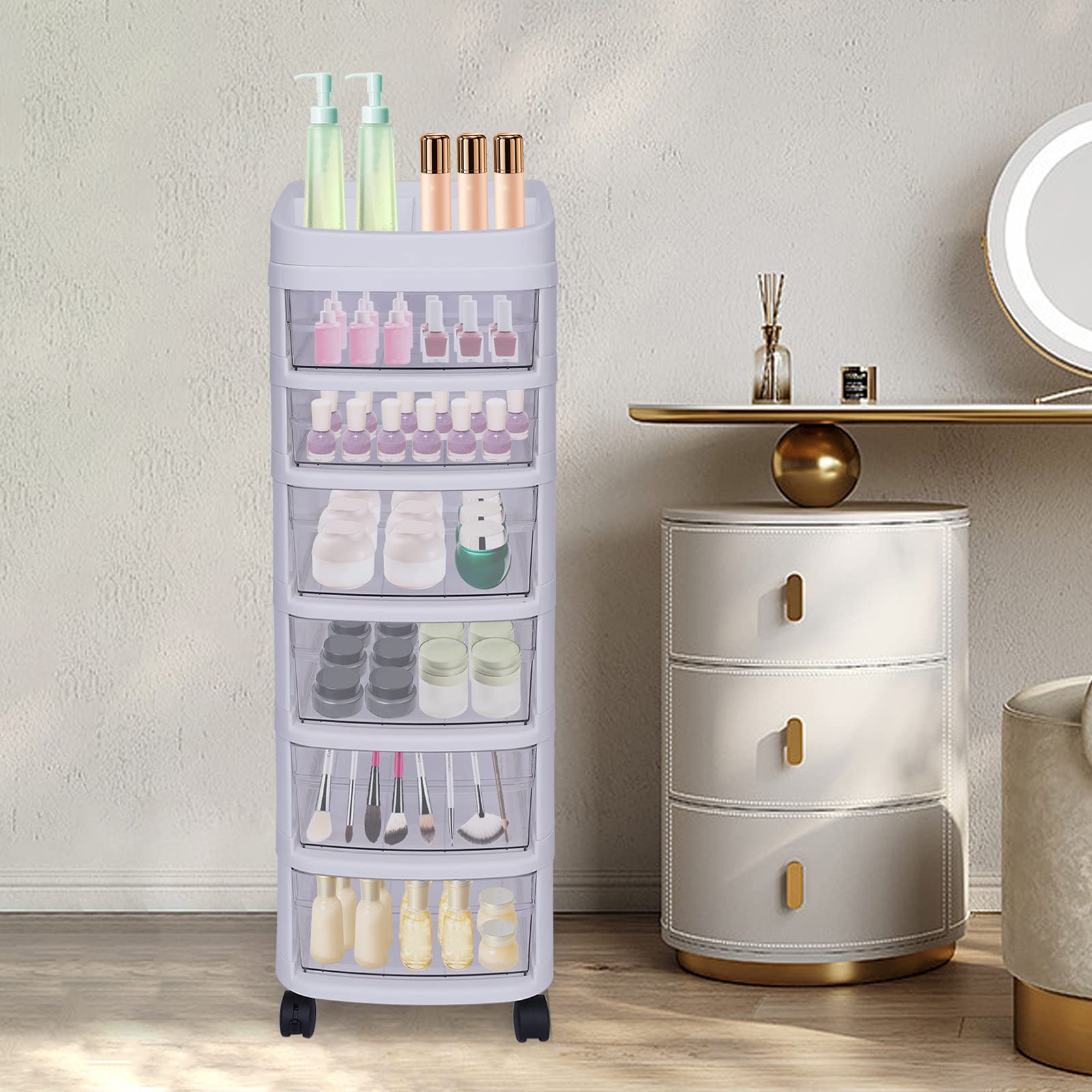 Rolling 6 Drawer Cart,34"H x 14"L x 12" W,4 Universal Wheels w/Lock,Storage Drawer Cart,Heavy Duty Dresser Storage Transparent Tower