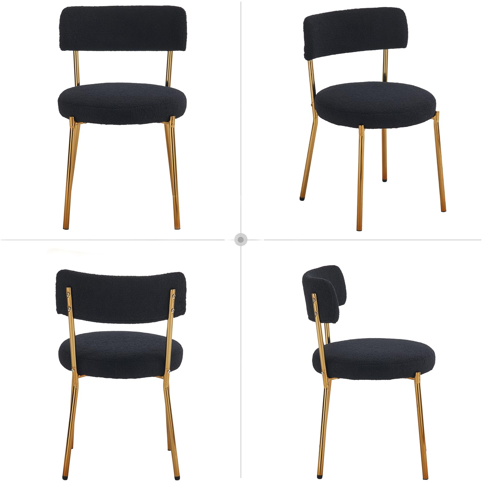 RIGHTPARTS Boucle Dining Chairs Set of 4, Modern Upholstered Fleece Fabric Kitchen Chairs, Mid-Century Round Dining Chairs Curved Backrest Metal Legs for Dining Room/Living Room (Black 1, 4)