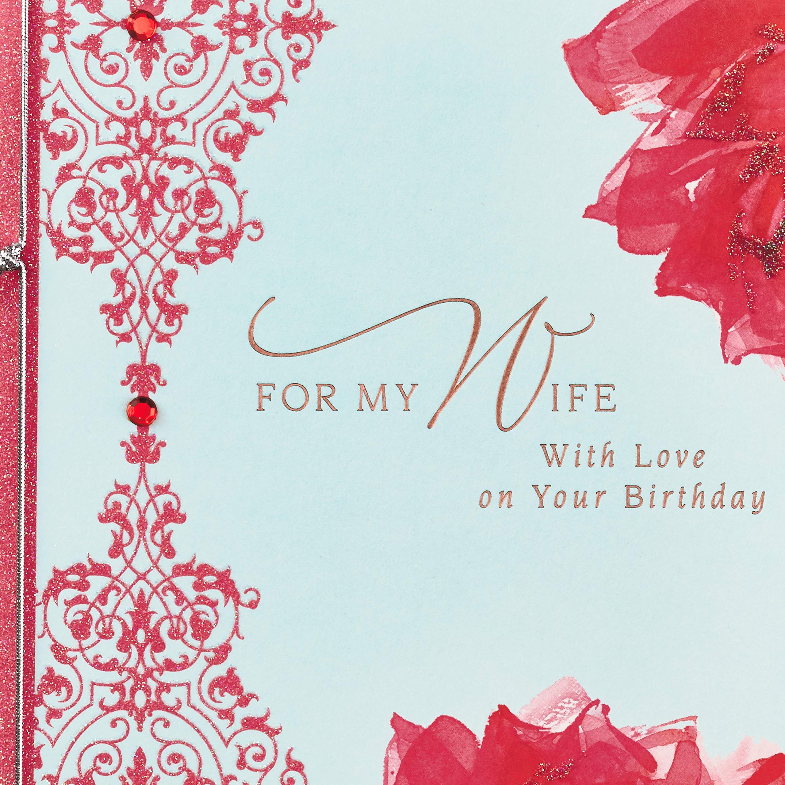 Hallmark Birthday Card for Wife (Roses with Pattern), Red, Blue