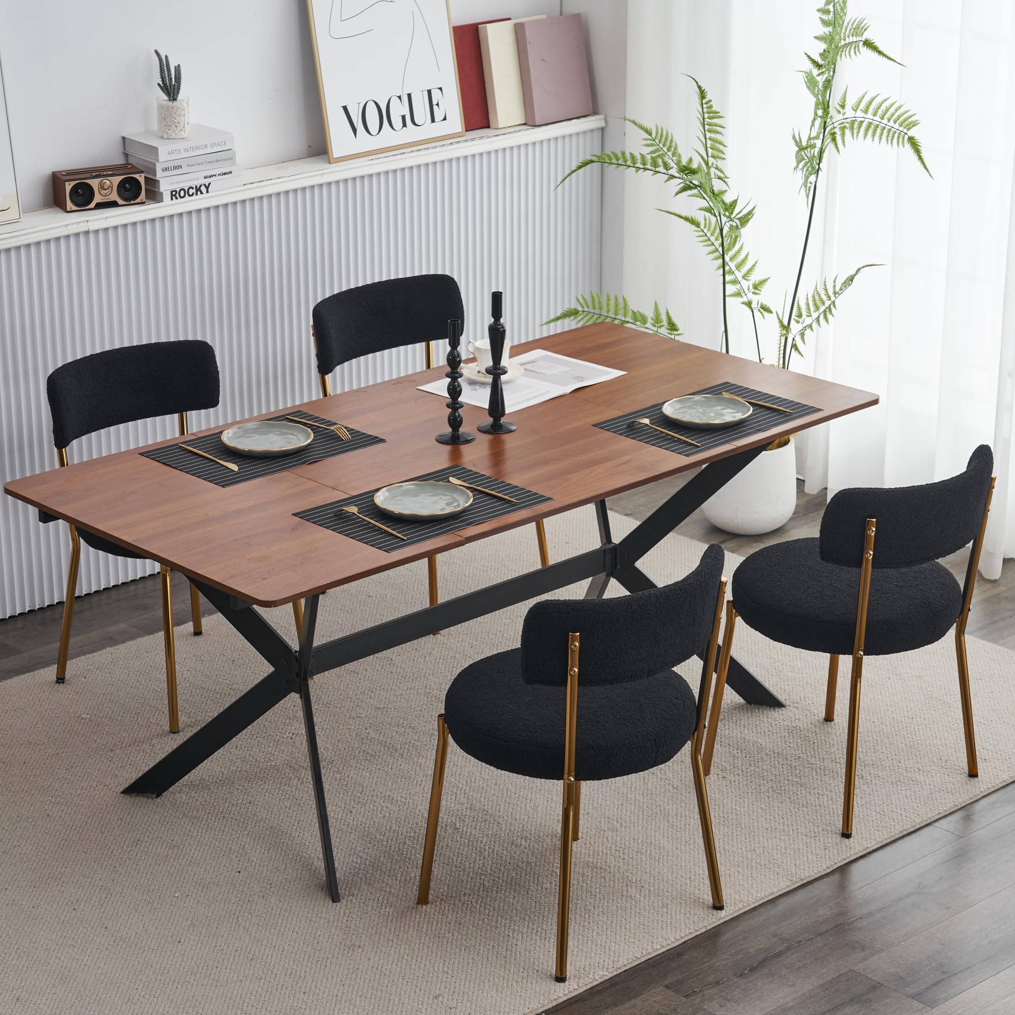 RIGHTPARTS Boucle Dining Chairs Set of 4, Modern Upholstered Fleece Fabric Kitchen Chairs, Mid-Century Round Dining Chairs Curved Backrest Metal Legs for Dining Room/Living Room (Black 1, 4)