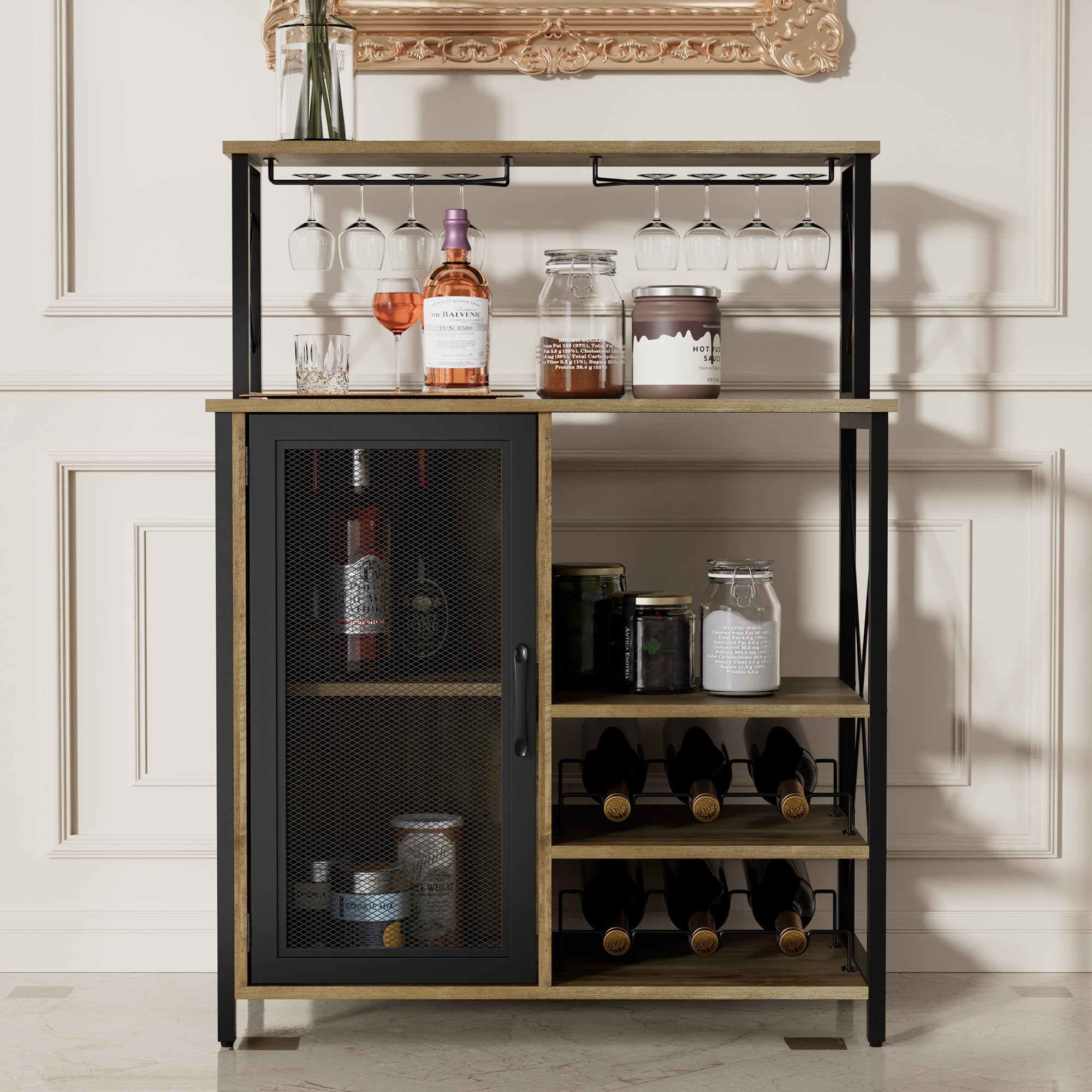 SunsGrove Wine Bar Cabinet with Removable Wine Rack, Coffee Bar Cabinet with Glass Holder, 3 Adjustable Open Shelves, Small Sideboard and Buffet Cabinet with Mesh Door, Wood Color