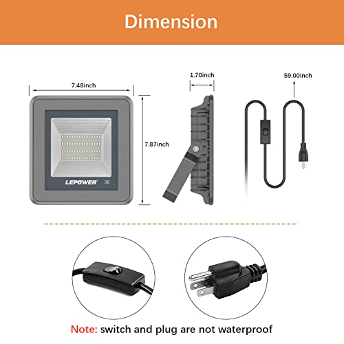LEPOWER 50W LED Flood Light, 5000lm Work Light with Plug, Equiv 250W Halogen, 6000K White Light, IP66 Waterproof Outdoor Floodlight for Garage, Garden, Lawn, Basketball Court, Playground 2 Pack