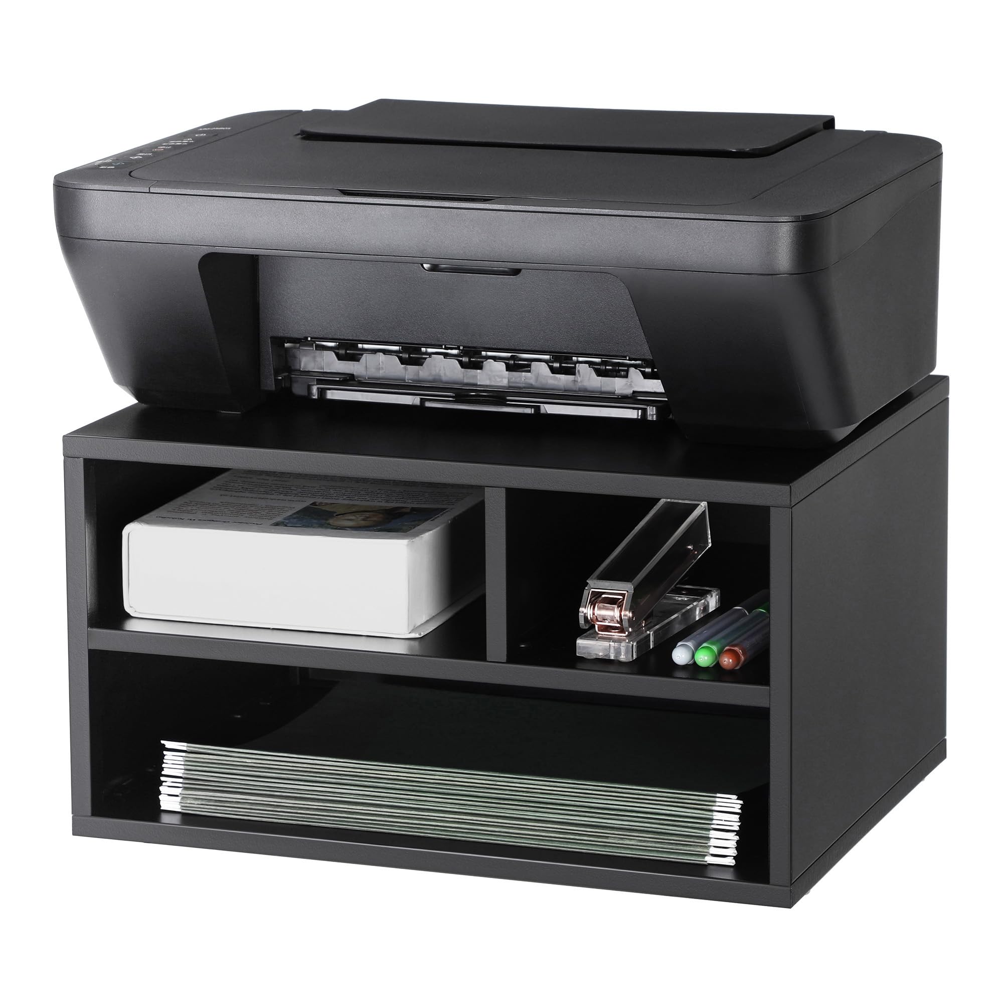 SONGMICS Printer Stand for Desk, Home Desktop Printer Stand with Storage Shelves for Office, Steel Frame, Multi-Purpose Rack, 15.9 x 11.8 x 8.7 Inches, Matte Black UOMC101B01