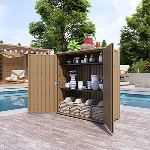ADDOK 60-Gallon Storage Cabinet Light Weight Resin Indoor/Outdoor Storage Unit for Patio, Garden, Veranda with 1 Laminate Shelves (Coffee)