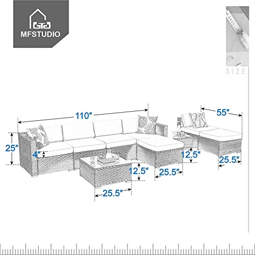MFSTUDIO Outdoor Patio Furniture Set,9 Pieces All-Weather Wicker Outdoor Couch Sectional Sofa,Rattan Patio Conversation Set with Coffee Table, Blue Washable Cushion