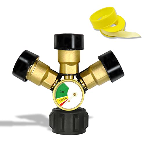 3 Way Propone Splitter QCC/POL (Propane Tank 3 Y Splitter Adapter) with Gauge and Shut-Off Valve, 3 Way Propane Gas Splitter for Propane Tank, which for Camping Stoves, BBQ Grills, RV Camper, etc.