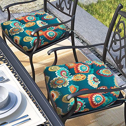 MAGPIE FABRICS Outdoor/Indoor Tufted Seat Cushion with Ties Set of 2, 19"x19" Waterproof Patio Chair Pads Tatami for Room Garden Balcony Office Decor(Heronsbill Turquoise Green)