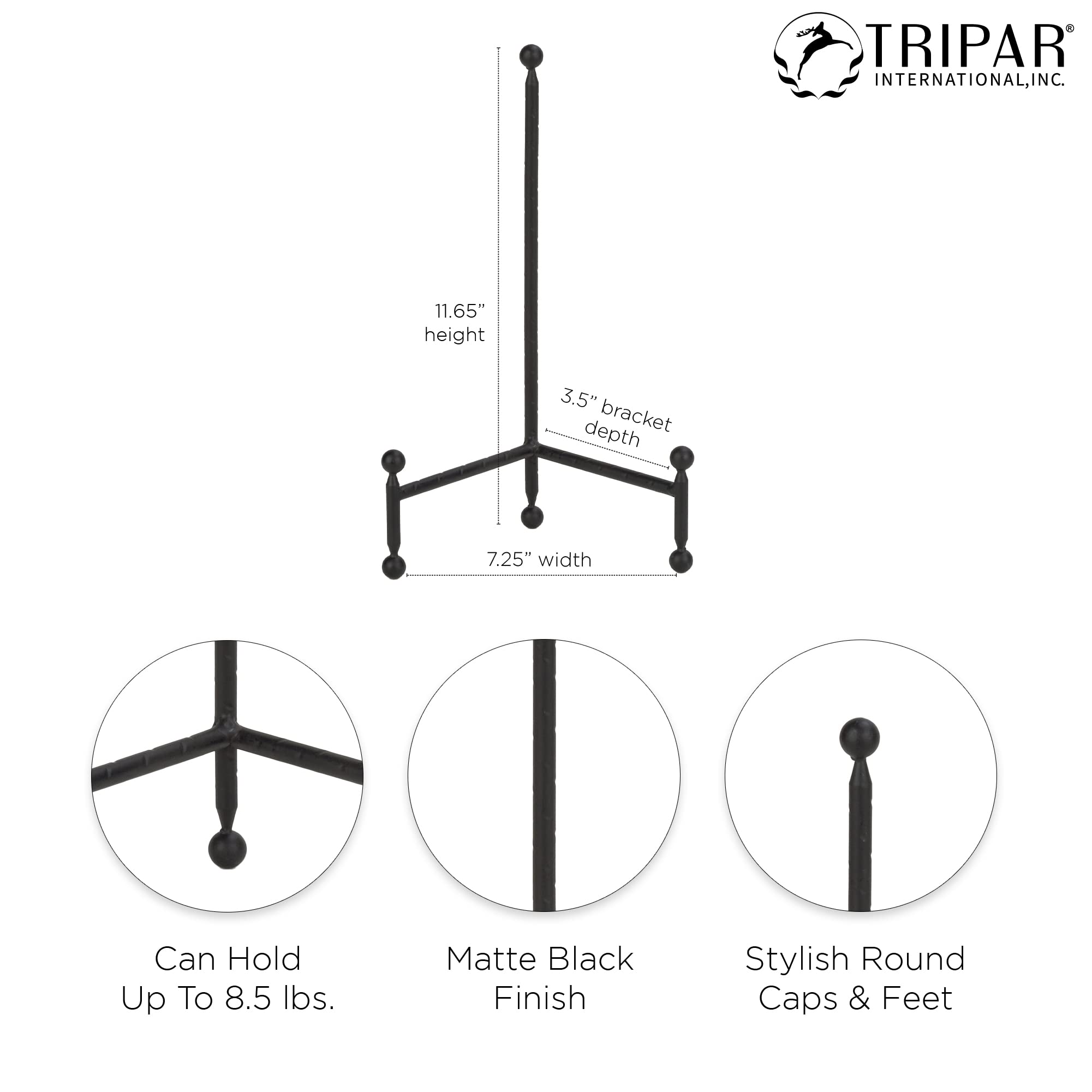 TRIPAR 12 Inch Modern Black Tripod Easel for Pictures, Artwork, Cookbooks, Platters, & Plates - Book Holder Display Easel