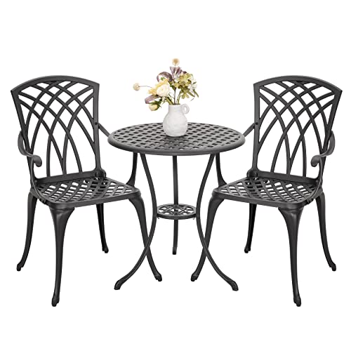 Nuu Garden 3 Piece Patio Bistro Sets Cast Aluminum Bistro Table Set Outdoor Patio Furniture with Umbrella Hole for Patio Balcony, Black with Golden Powder