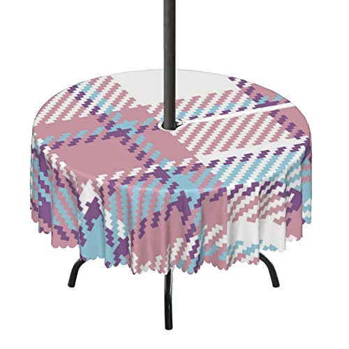 Checkered Pattern Round Outdoor Tablecloth,Round Tablecloth with Umbrella Hole and Zipper for Patio Garden,Waterproof Spill-Proof,for Backyard Party BBQ Decor(72" Round,Pale Blue Purple Lilac)