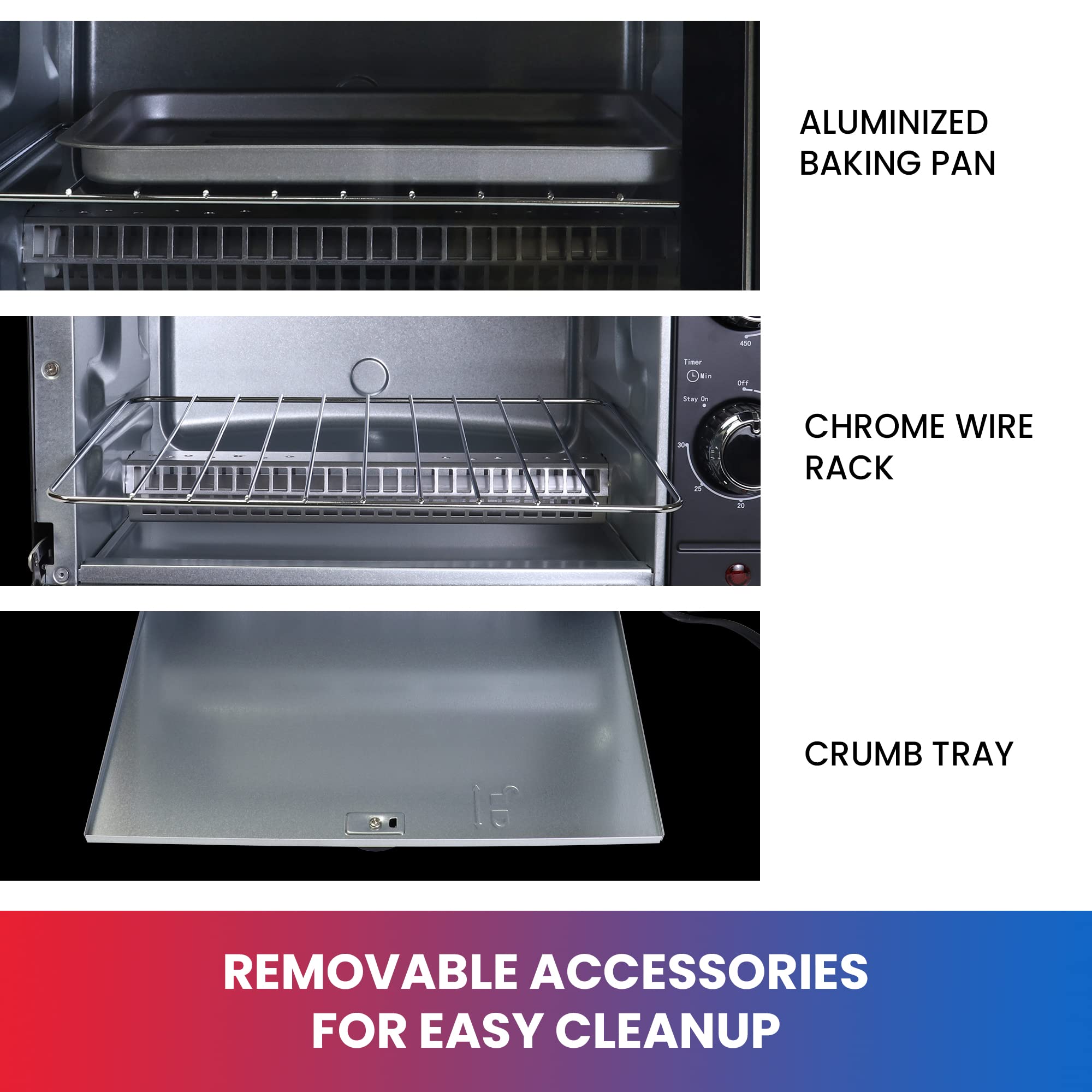 Total Chef 4-Slice Toaster Oven, 1000W, Black Compact Countertop Oven with Natural Convection, Temperature Control Dial, 30 Minute Timer, Bake, Toast, Roast, Includes Baking Pan and Toasting Rack