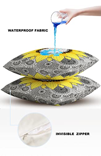 Pack of 2 Outdoor Waterproof Pillow Covers 20x20 inch Mandala and Sunflower Flower Geometry Pattern Throw Pillow Covers Decorative Cushion Covers for Patio Garden Tent