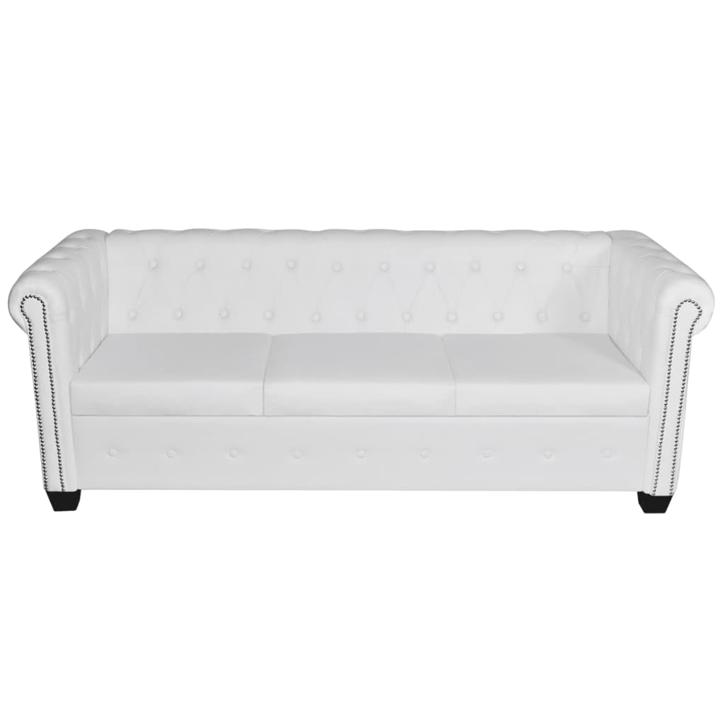 CUSON Chesterfield Sofa 3-Seater | Modern 3-Seat Sofa Couch | Faux Leather Living Room Sofa | White Artificial Leather with Wooden Frame 78.9" x 29.9" x 27.6"