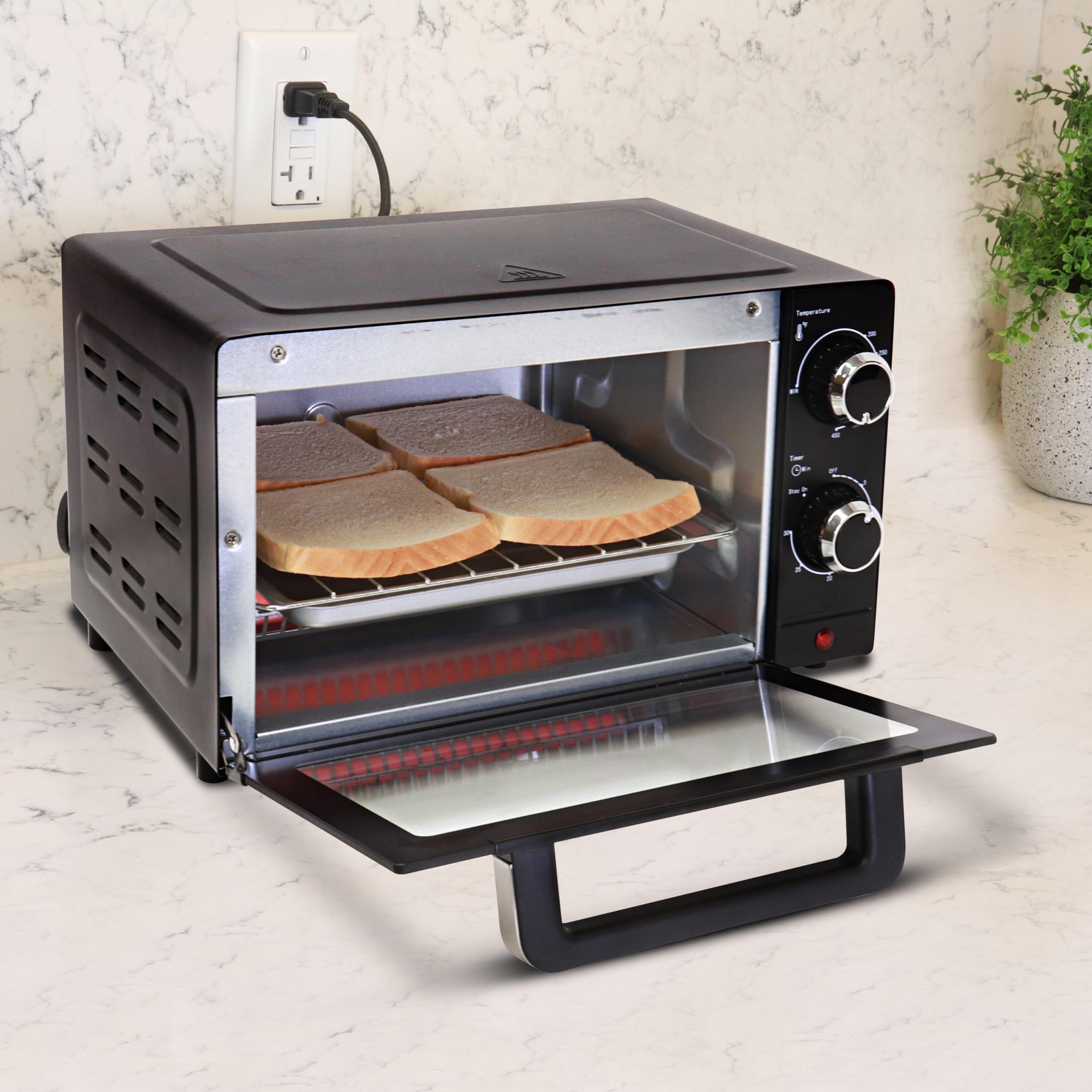 Total Chef 4-Slice Toaster Oven, 1000W, Black Compact Countertop Oven with Natural Convection, Temperature Control Dial, 30 Minute Timer, Bake, Toast, Roast, Includes Baking Pan and Toasting Rack