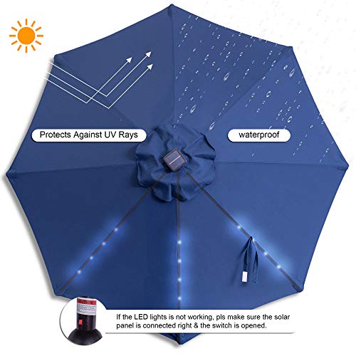 Sundale Outdoor 9 Feet Solar Powered 32 LED Lighted Patio Umbrella Table Market Umbrella with Crank and Push Button Tilt for Garden, Deck, Backyard, Pool, 8 Steel Ribs, (Navy)