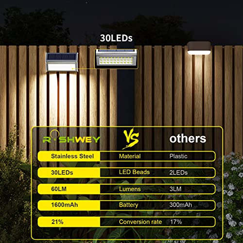 ROSHWEY Solar Fence Lights Outdoor Waterproof, 8 PCS Solar Deck Step Lamps Stainless Steel Bright 30 LED Railing Post Lights Weatherproof White Lighting for Fences Decks Steps Stairs Patio Garden