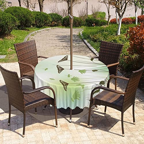 Lirduipu Butterfly Pattern Round Outdoor Tablecloth,Round Tablecloth with Umbrella Hole and Zipper for Patio Garden,Waterproof Spill-Proof,for Patio Table with Umbrella Hole(72" Round,Green)
