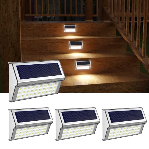 ROSHWEY Solar Step Lights Outdoor 4 Pack 30 LED Stainless Steel Outside Solar Lights Waterproof Fence Lights for Garden Patio Pathway Walkway, Cool White Light