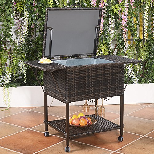 Nightcore 108 Quart Rattan Beverage Cooler Cart, Rolling Cooler with Shelf & Hanger, Ice Chest on Wheels, Portable Patio Backyard Cooler Trolley, Wicker Cooler Cart for Yard, Garden, Party