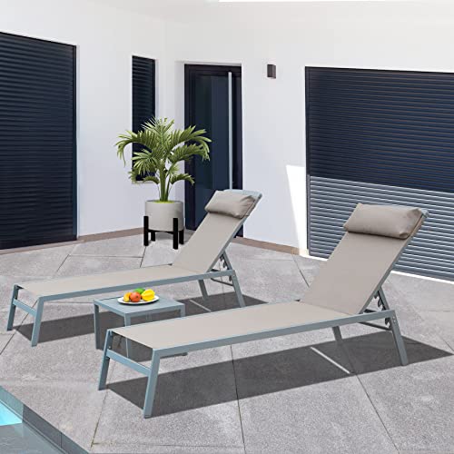 Domi Patio Chaise Lounge Set of 3, Aluminum Lounge Chairs with 5 Adjustable Positions, Outdoor Chaise Lounge for Pool, Deck, Garden, Backyard, Sunbathing(Khaki)