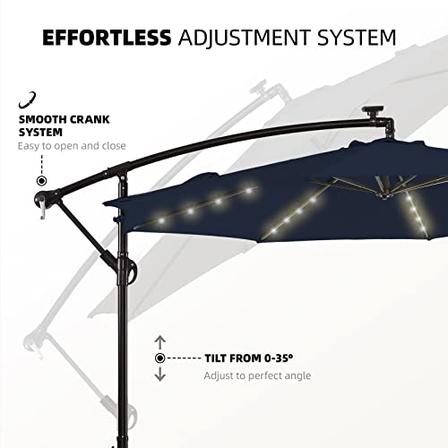 wikiwiki 10 FT Solar Offset Hanging Umbrella, Lighted Patio Cantilever Umbrella with 32 Lights, Infinite Tilt, Fade Resistant RECYCLED FABRIC Canopy & Cross Base, for Yard, Garden & Deck(Navy Blue)